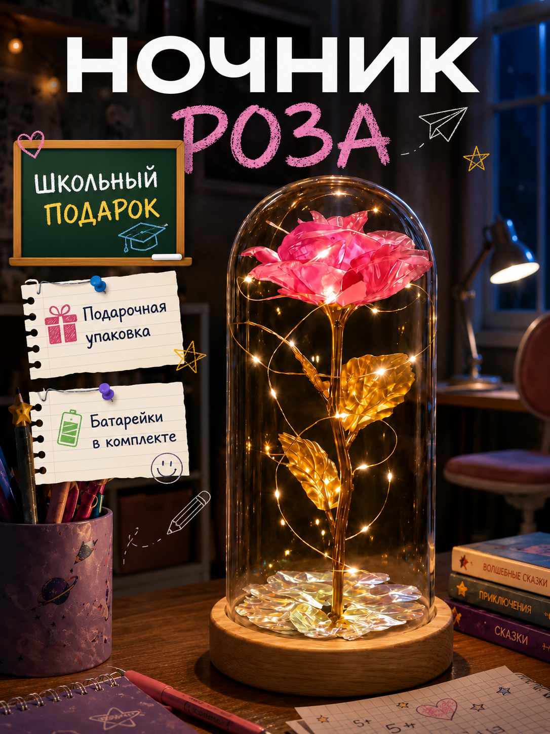 Ночник, роза в колбе, настольный светильник, на батарейках, беспроводной, цветы в колбе, ночник школьный