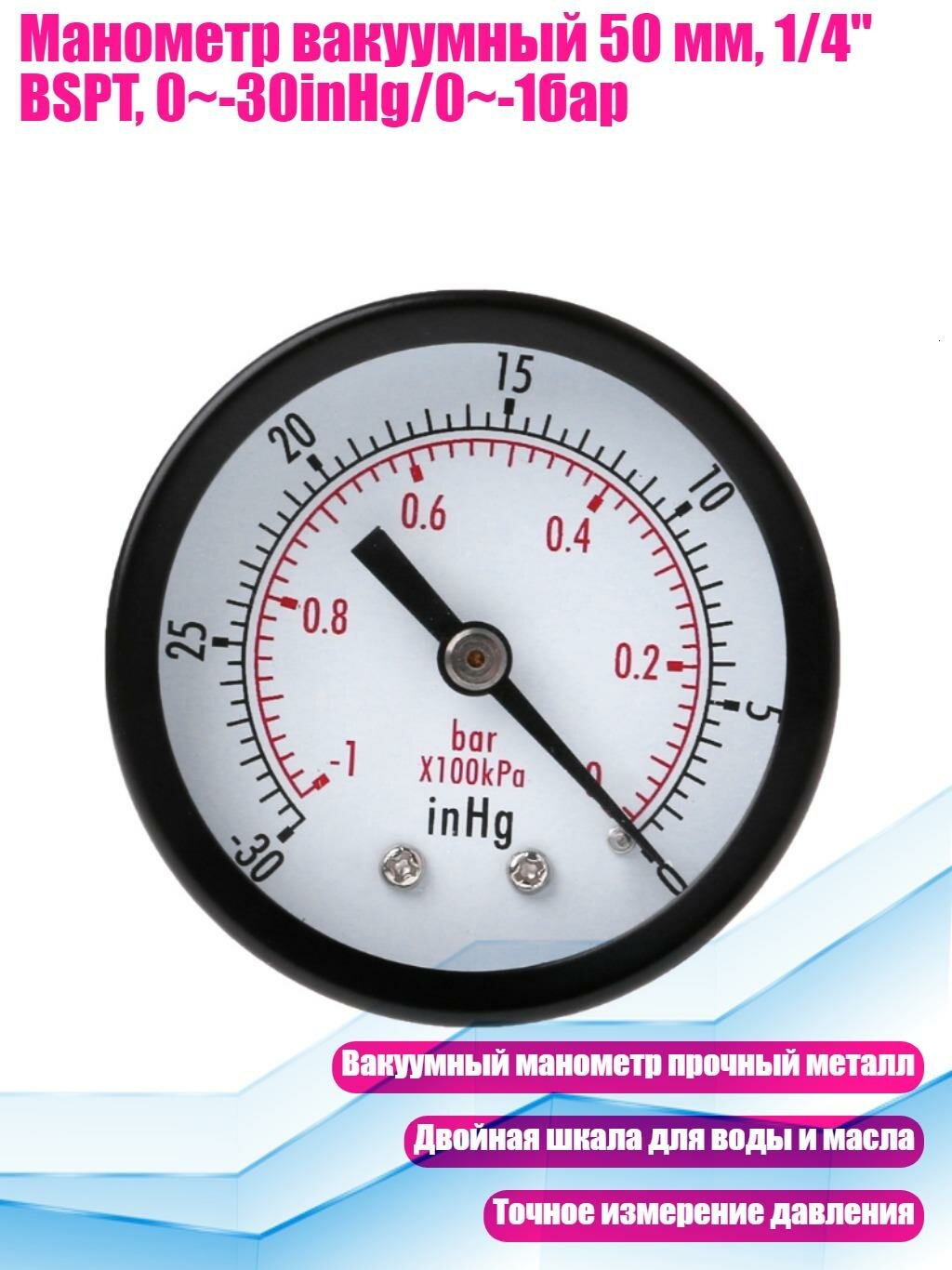 Манометр вакуумный 50 мм, 1/4" BSPT, 0~-30inHg/0~-1бар, Белый