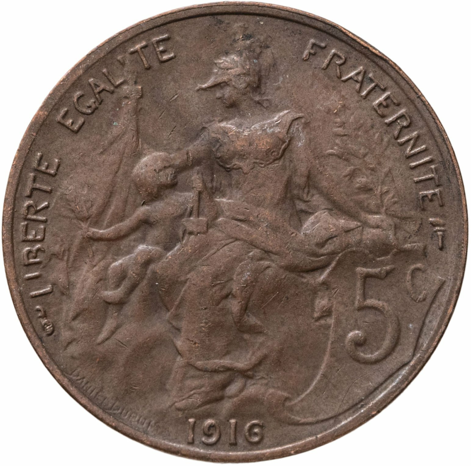 Франция 5 сантимов 1916, Бронза, в сохранности VF