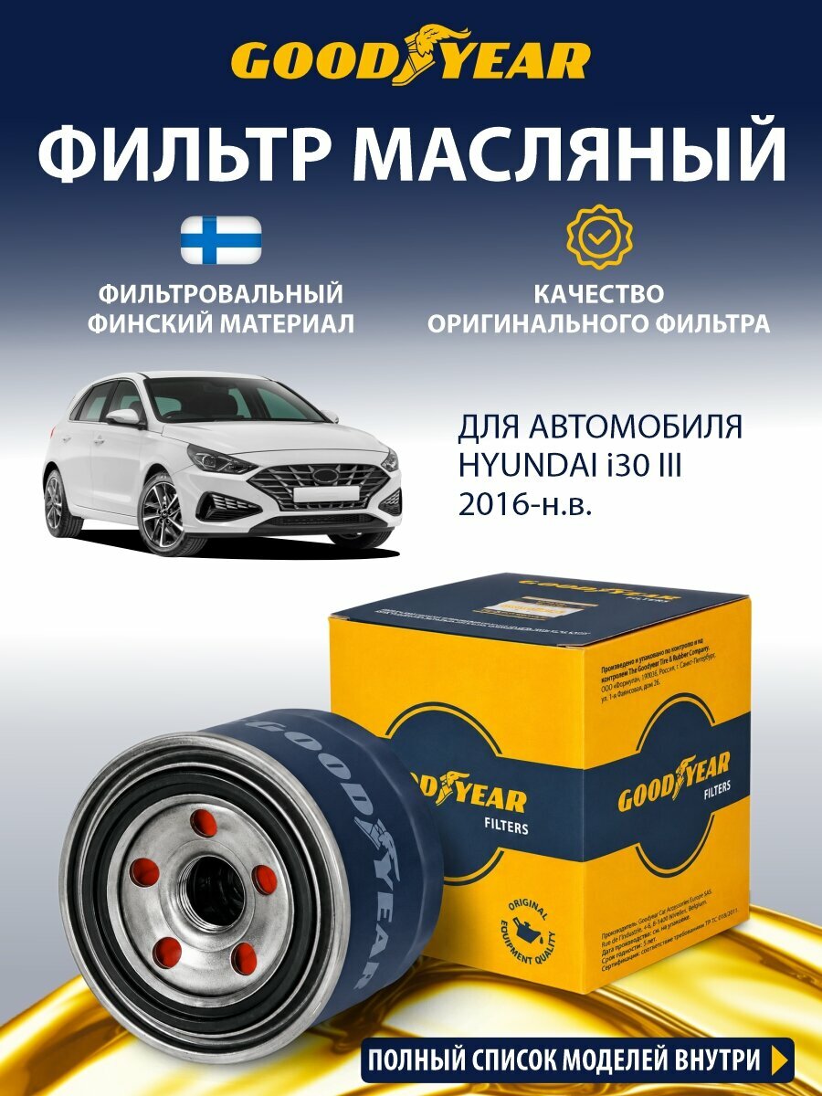 Фильтр масляный автомобильный HYUNDAI i30 (Хендай i30) 3 пок. 1.4, 1.5, 2.0 2016-н. в.