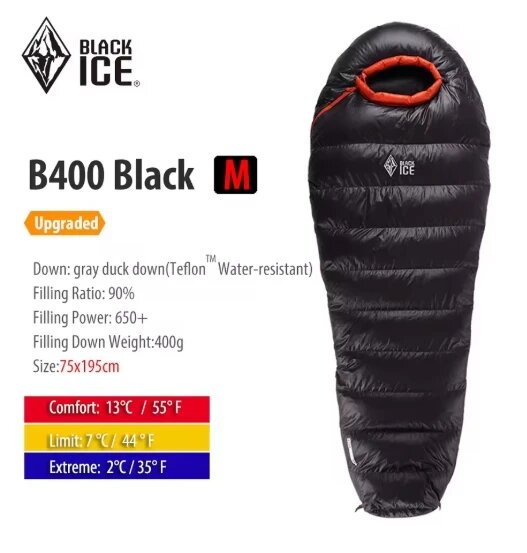 Черный пуховый спальник Black Ice B400 M