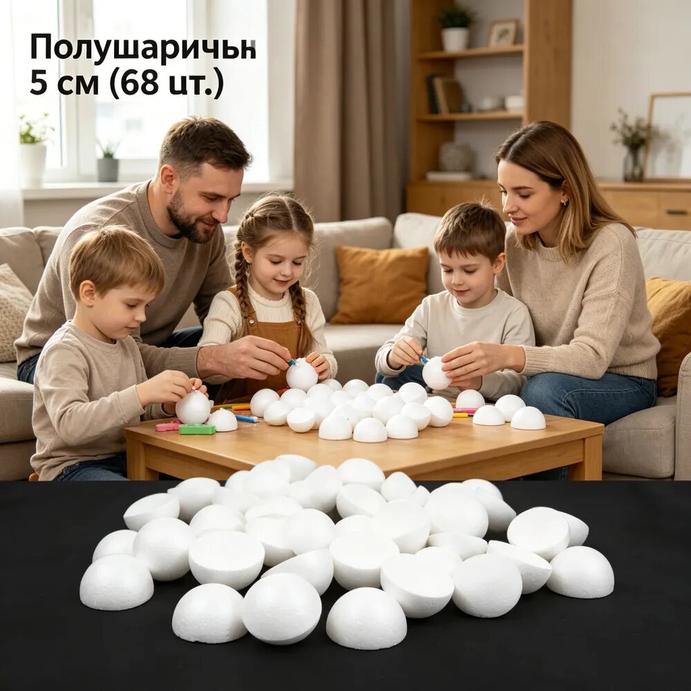 Полусферы пластиковые 5 см, 68 штук, для творчества, белый