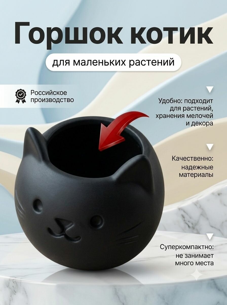 Ваза для декора суккулентов кашпо в виде котика Черный