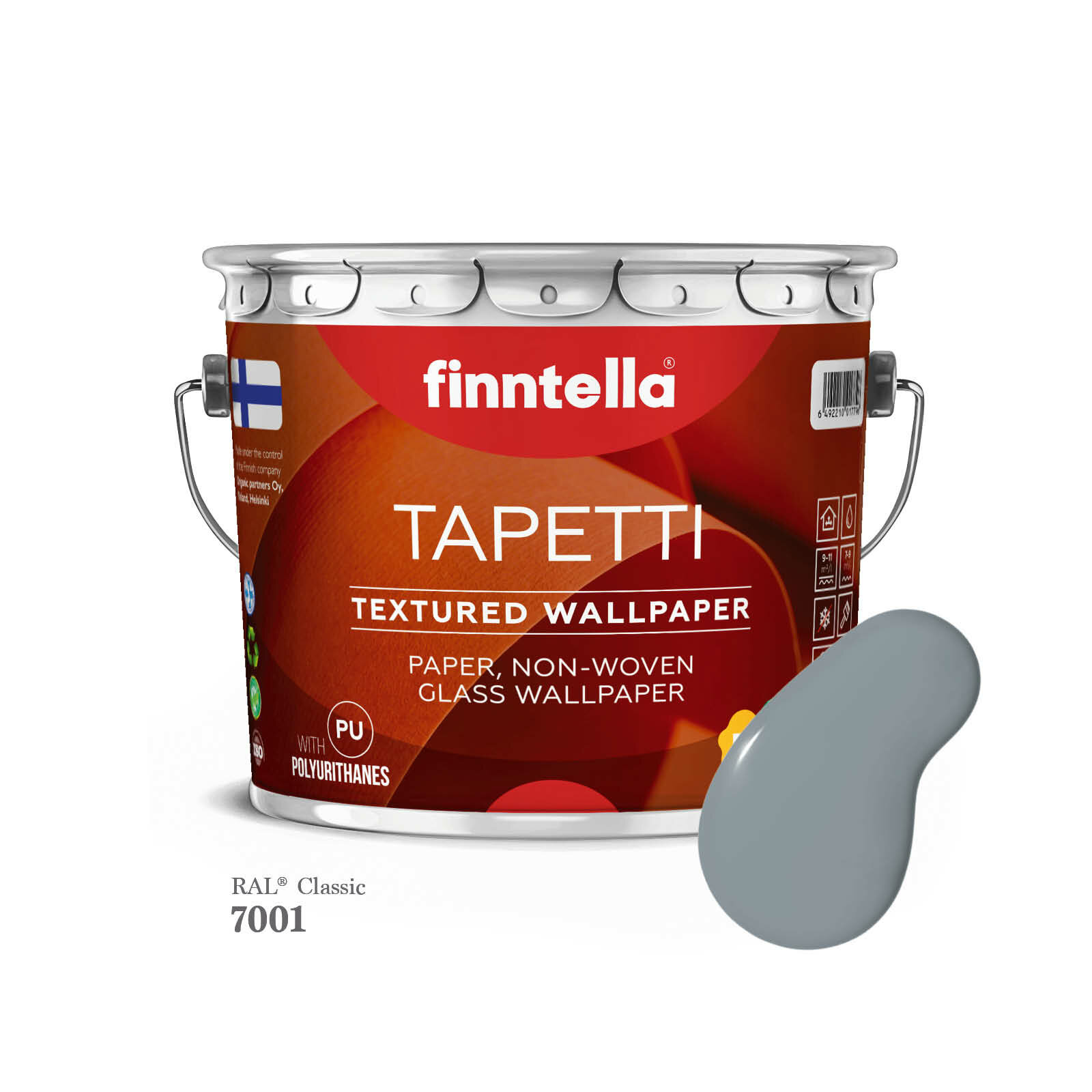Шелковисто-матовая краска для обоев под окраску TAPETTI SILKKI Matta FINNTELLA, Цвет RAL 7001 Серебристо-серый (Silver grey), 2,7л