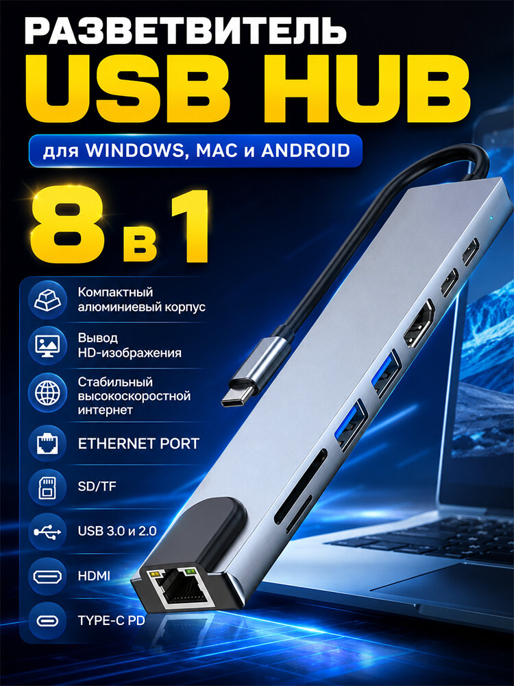 USB-хаб Type-C 8 в 1, HDMI, Ethernet RJ45 100 Мбит/с, PD 100 Вт, USB 3.0, SD/TF, для ноутбуков и MacBook