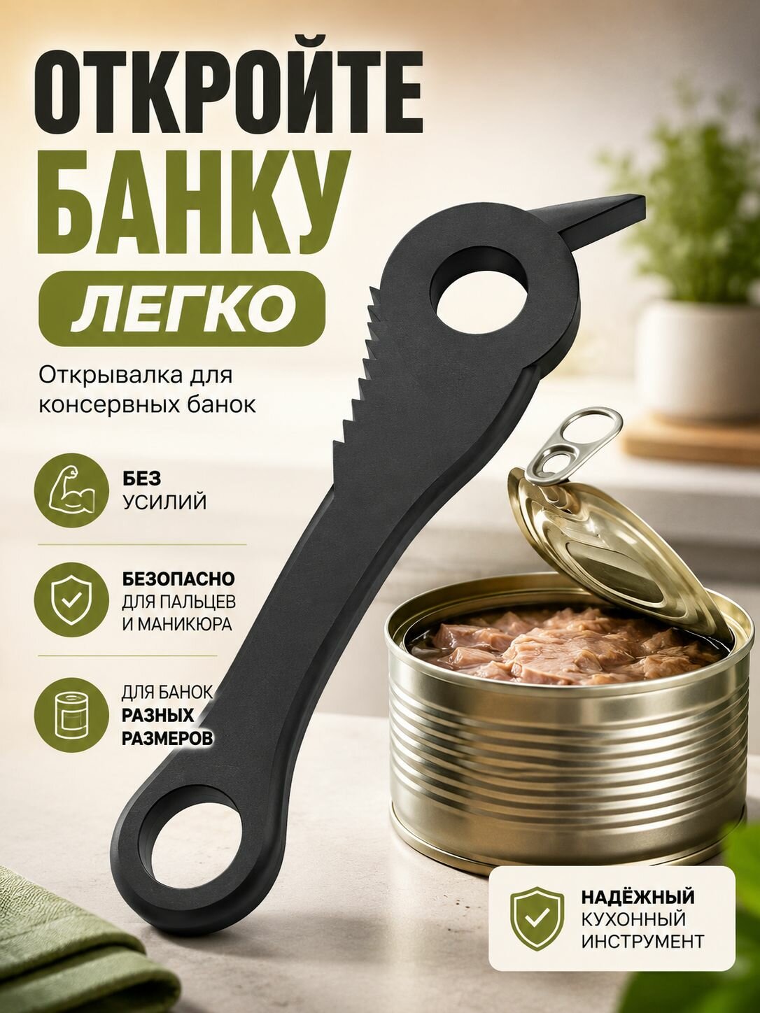 Открывалка для консервных банок универсальная кухонная