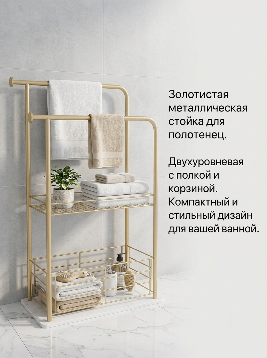 Напольная золотистая металлическая стойка для полотенец T1, двухуровневая с сетчатой полкой и нижней корзиной, высота