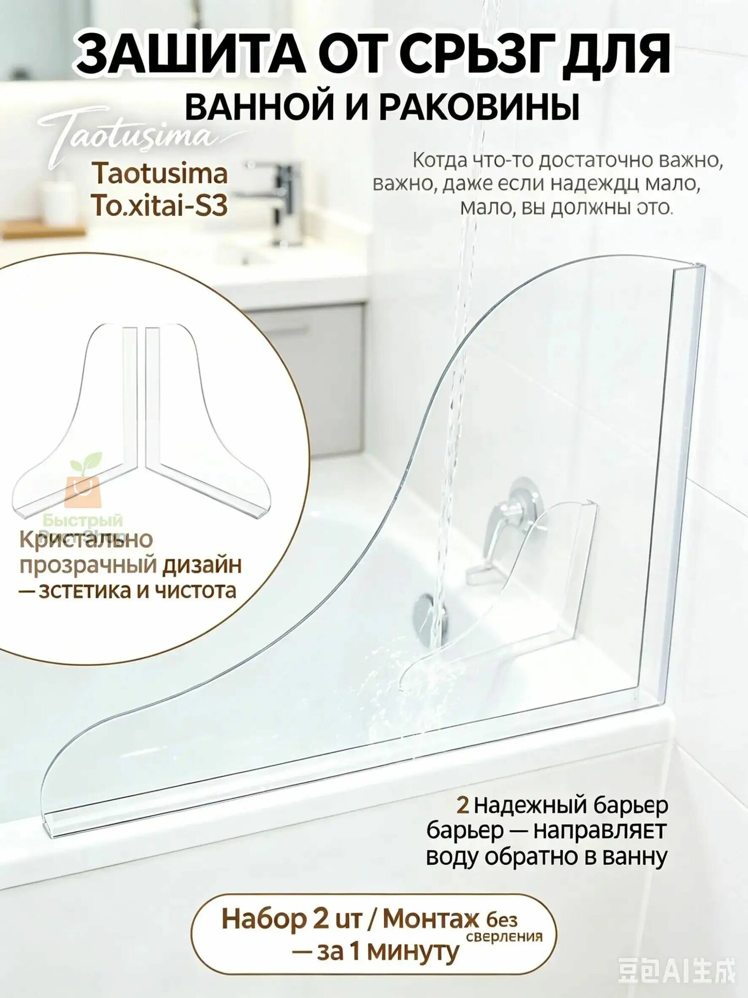 Ограничитель воды для ванны, акриловый экран-перегородка на край ванны и раковины - набор 2 шт, прозрачный водоотталкивающий бортик для предотвращения попадания воды на пол