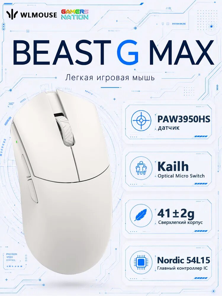 Wlmouse Игровая мышь беспроводная BEAST G MAX Nordic54L15 PAW3950HS, белый, прозрачный