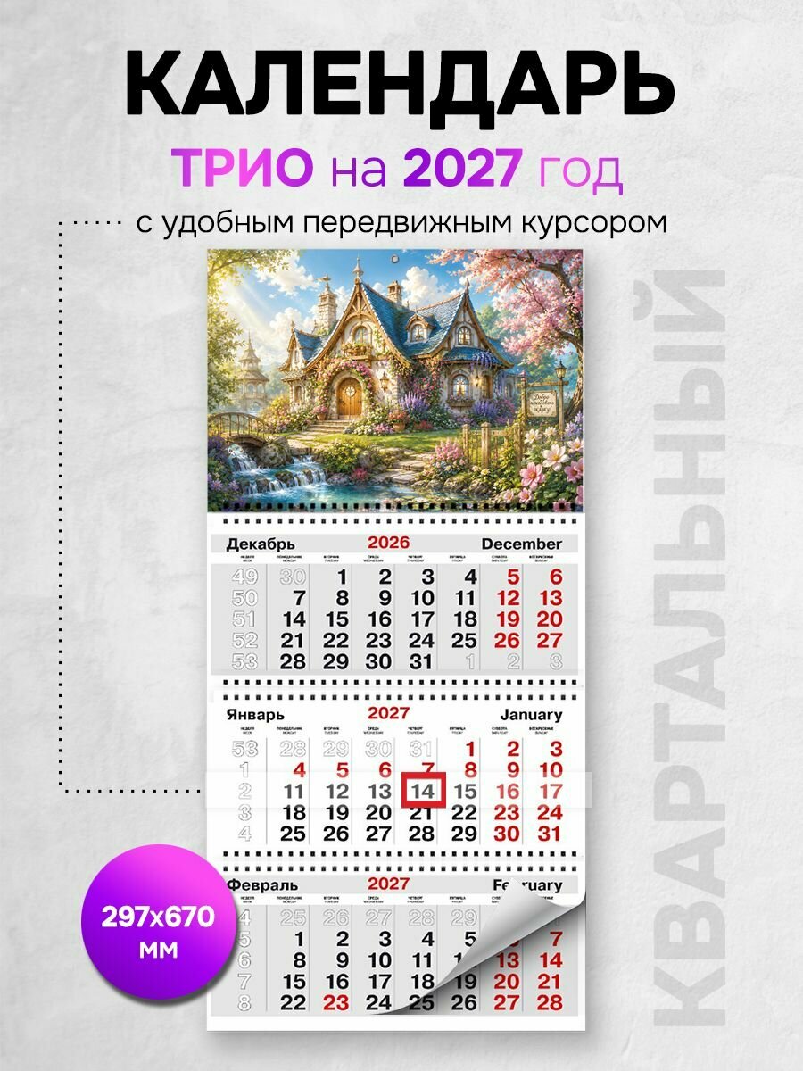Календарь настенный трехблочный 2027 квартальный отрывной