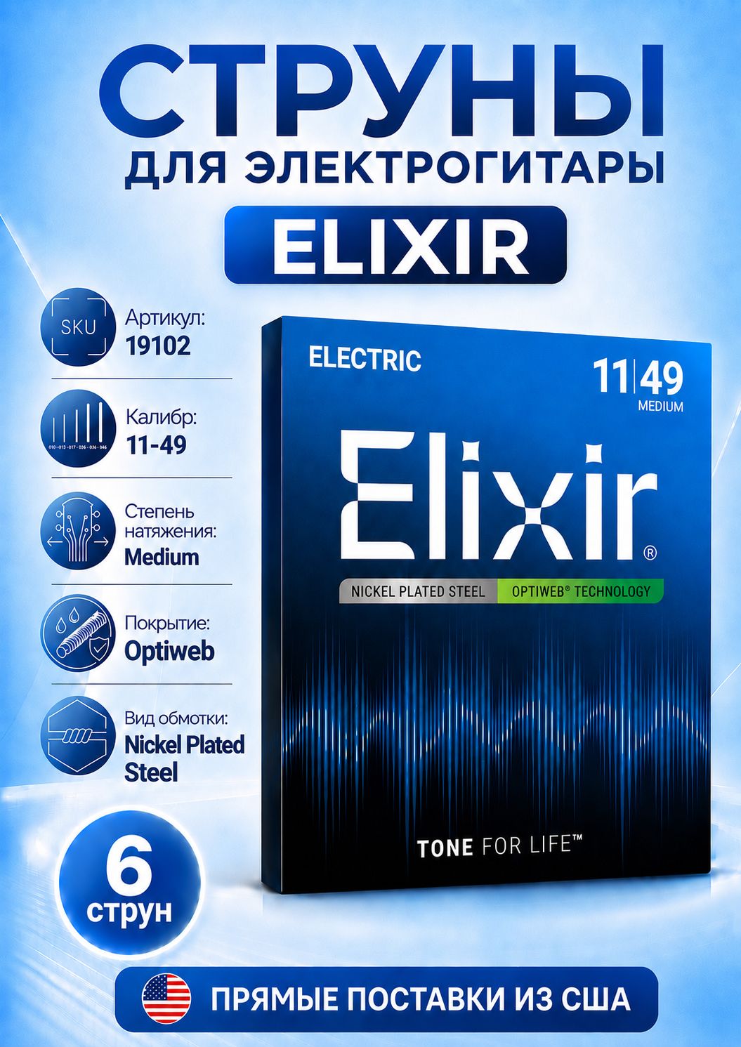 Струны для электрогитары Elixir 19102 Optiweb Medium Nickel Plated Steel, 11-49