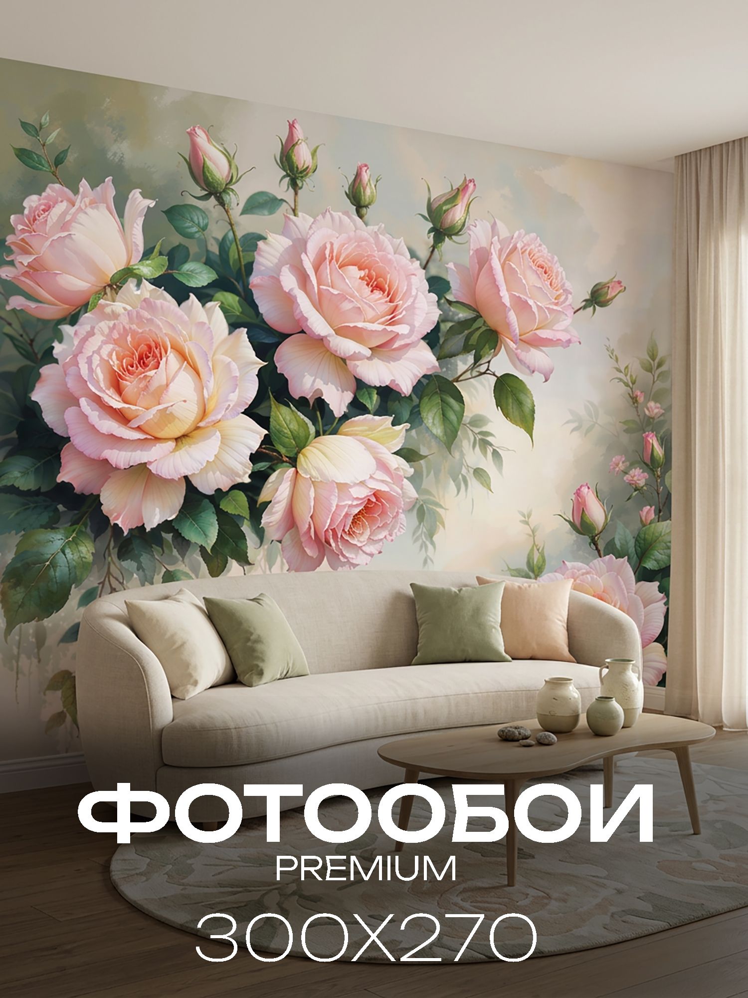 Фотообои 3D флизелиновые моющиеся 300х270 Розовые розы с листьями