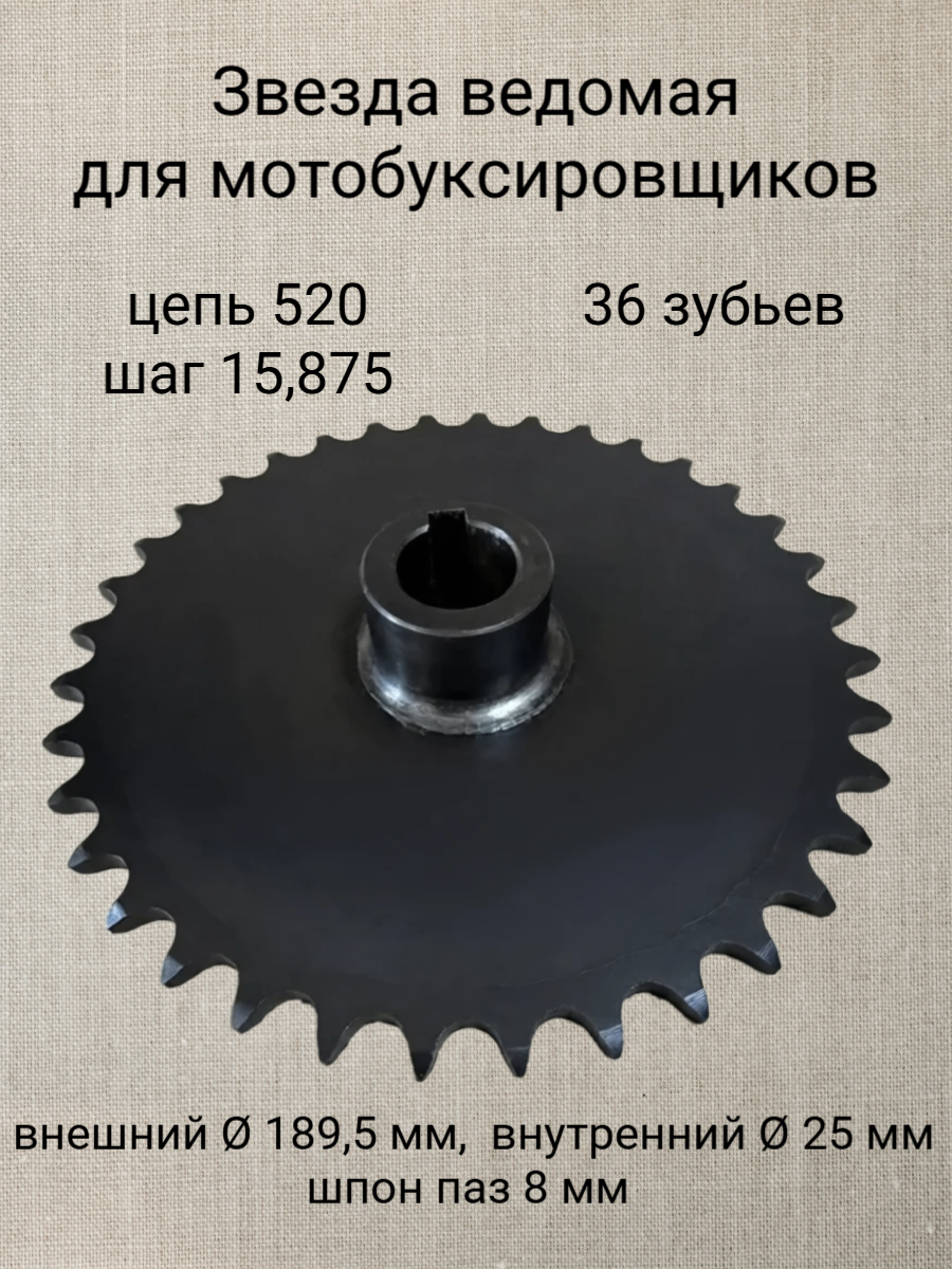 Звезда (36 зубьев) для мотобуксировщиков ведомая под цепь ИЖ 520 (D-25 мм, шпон паз 8 мм) шаг 15,875