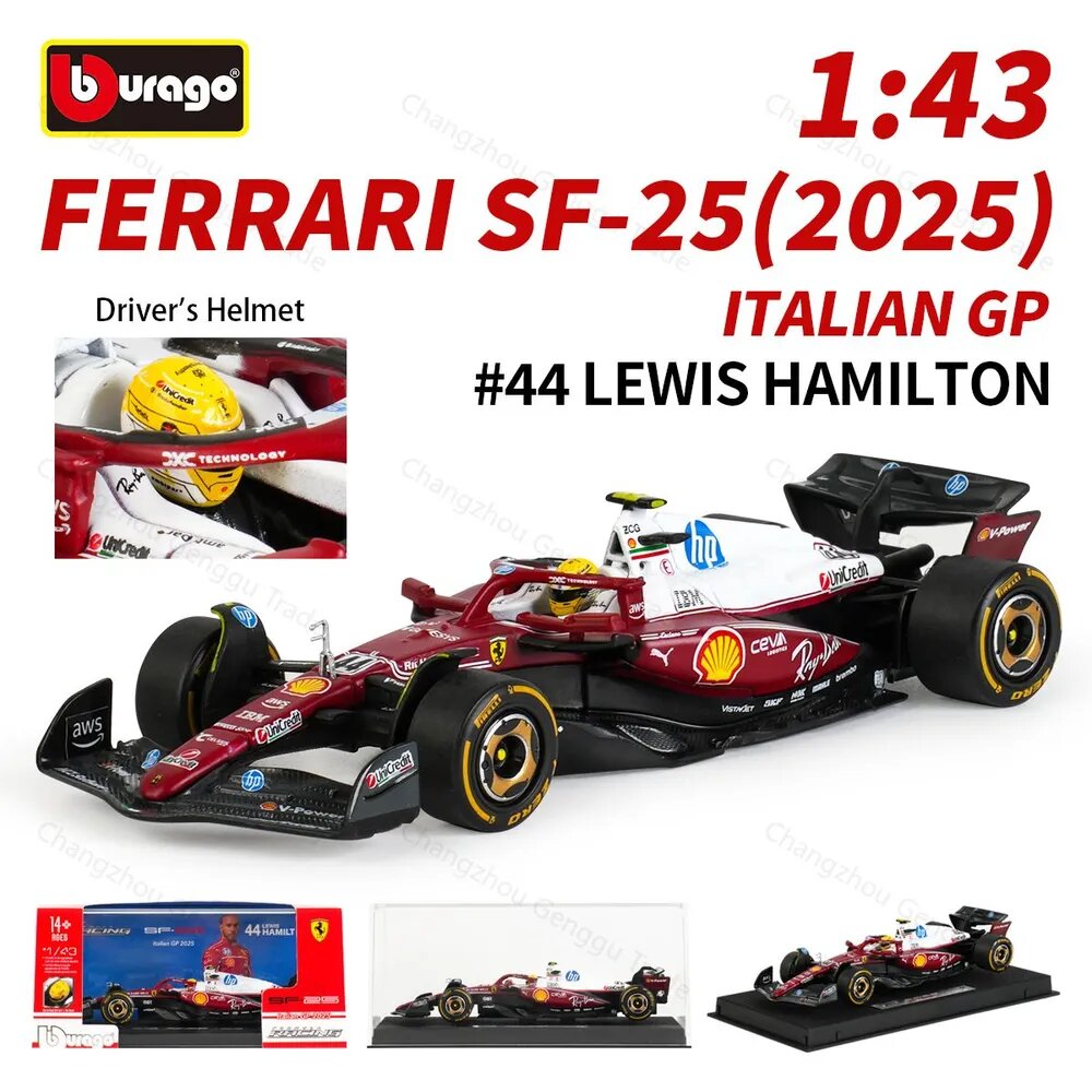 Акриловая прозрачная коробка Bburago 1:43 Гран-при Италии 2025 Ferrari SF-25 Формульный болид Формулы-1, Литые под давлением автомобили, коллекционная модель гоночных игрушек