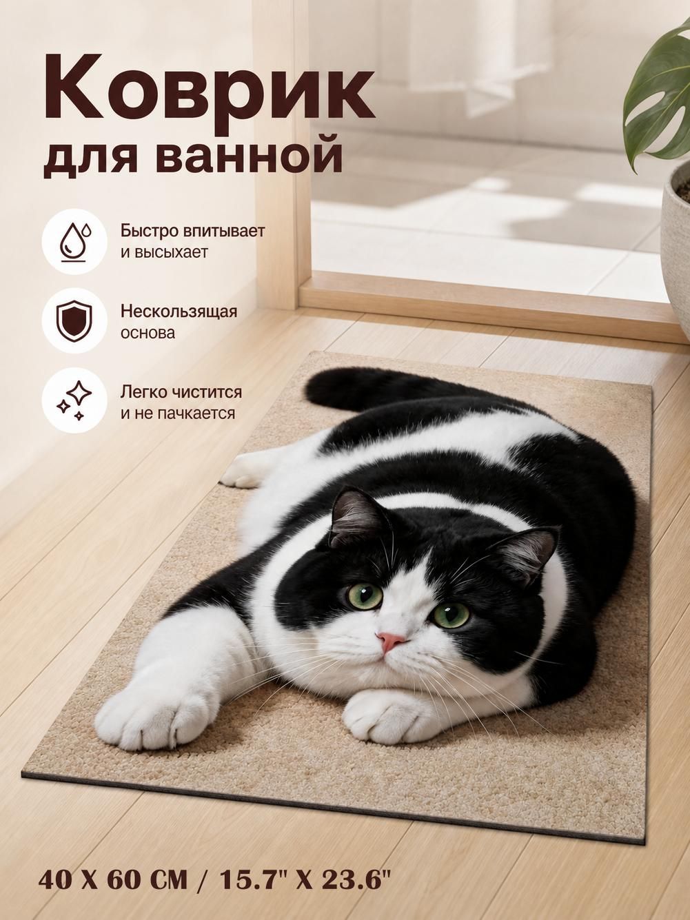 Коврик для душа диатомовый, 40x60 см, нескользящий