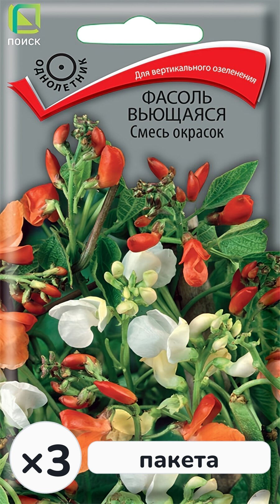 Семена фасоли вьющейся Смесь окрасок, 5 шт, 3 пакета, поиск, посев на рассаду в апреле, для солнечных мест