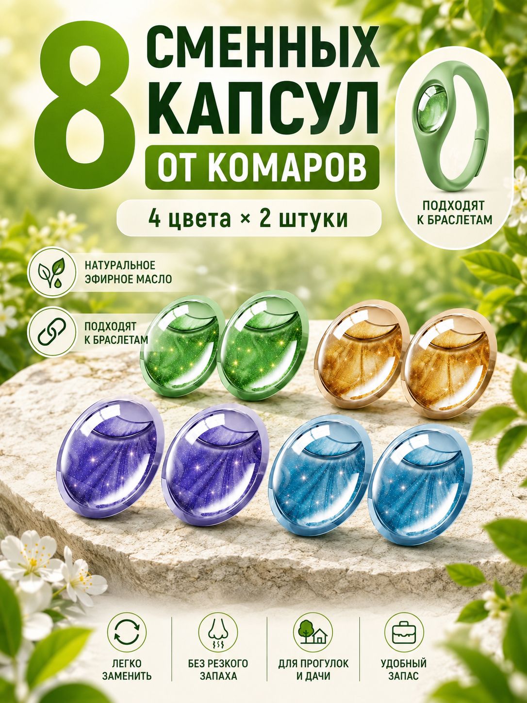 Сменные капсулы с растительным эфирным маслом для браслетов от комаров, 8 шт (2 шт каждого цвета: зелёный, розовый, фиолетовый, голубой), натуральная защита для взрослых и детей