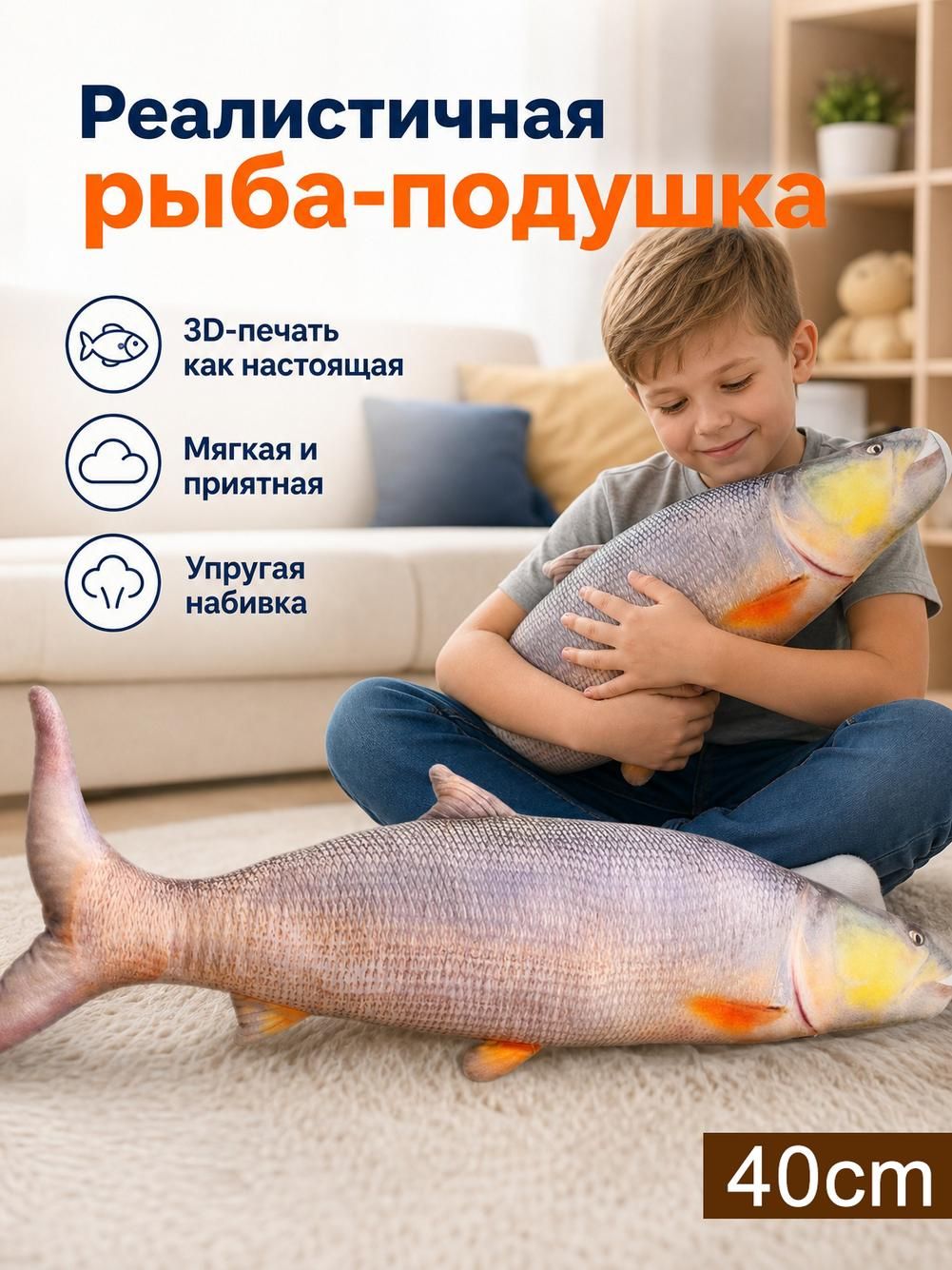Мягкая игрушка-рыба, 40 см, с контрастными плавниками
