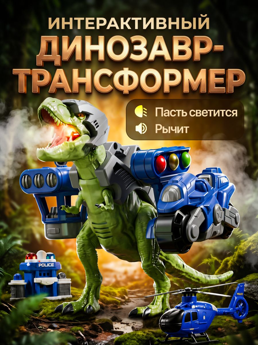 Робот Трансформер Динозавр , игрушка для мальчика Libom , Полицейский участок 6в1 , Вертолет , Интерактивный игровой набор для мальчиков со светом, звуком, вибрацией