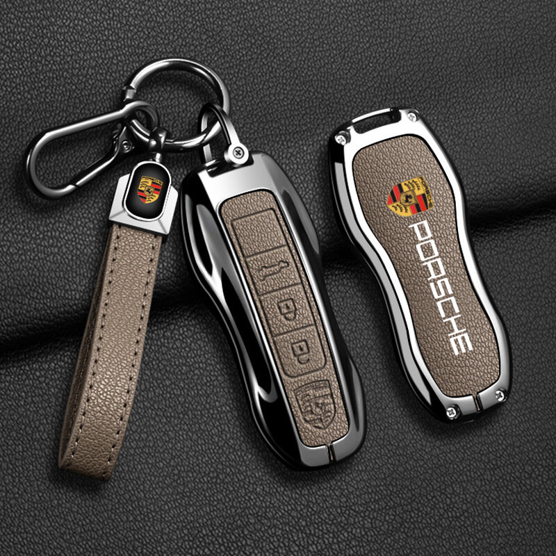 Чехол для ключа Porsche Panamera Macan 911 Cayenne - Текстура козьей кожи, стиль ключа A3, Коричневый с шнуром A09 и