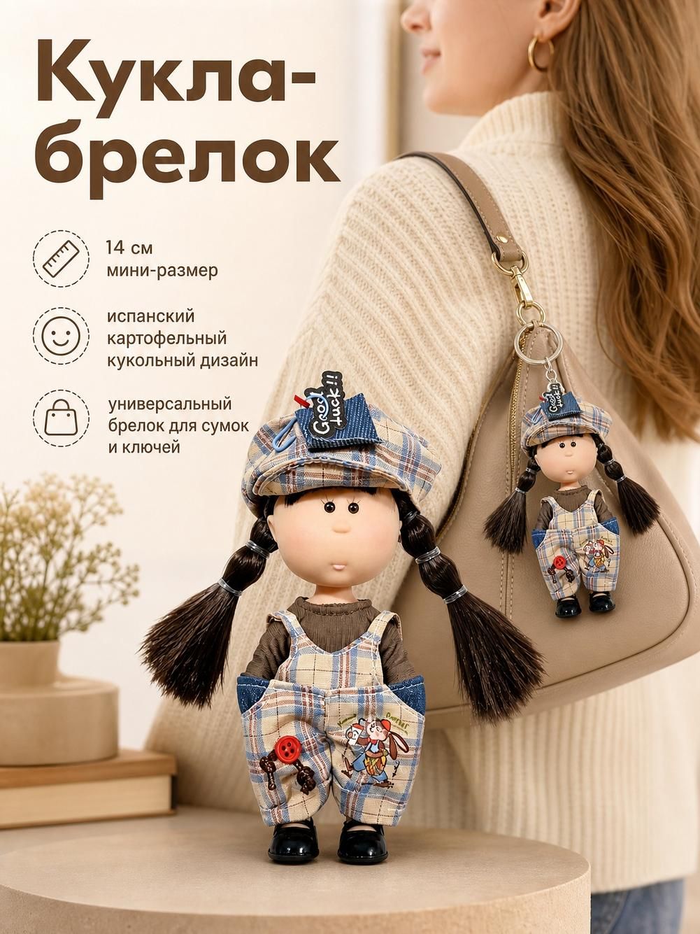 Кукла мини, из пластика, с русыми кудрями, в оранжевых леггинсах