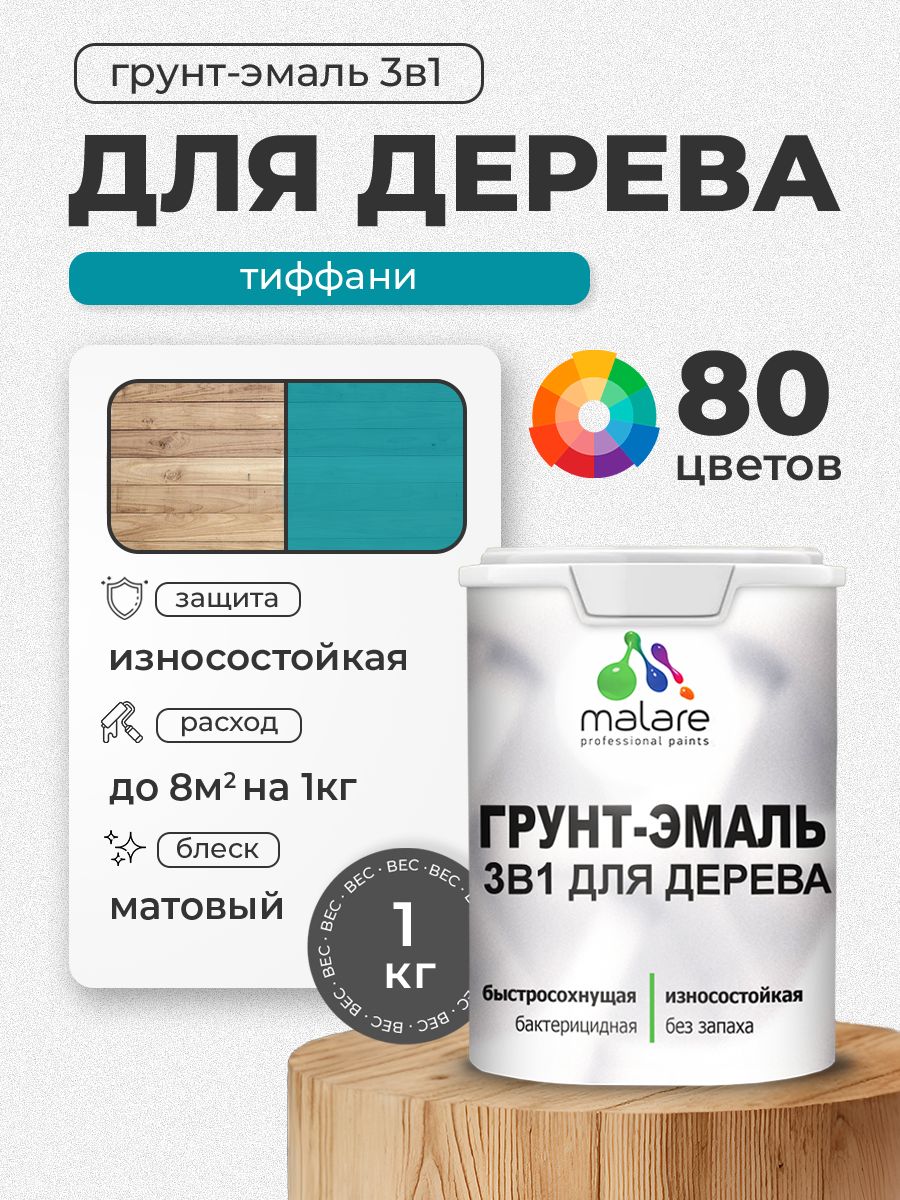 Акриловая Грунт-Эмаль 3 в 1 Malare для деревянных поверхностей/ краска по дереву с антисептическим эффектом/ быстросохнущая моющаяся без запаха матовая, тиффани, 1 кг