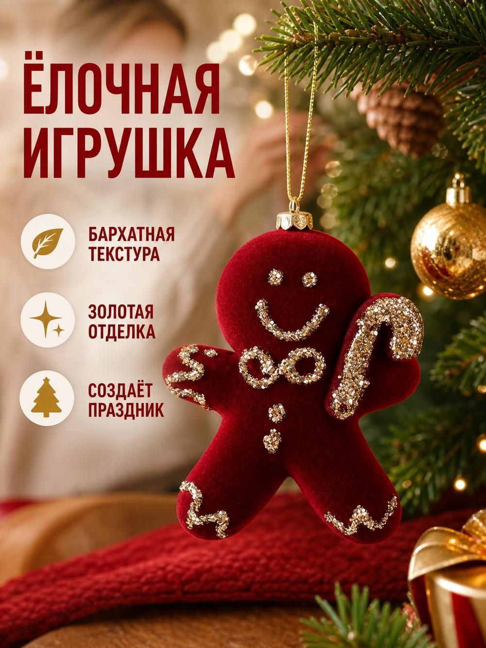Новогоднее украшение "Шишка", велюровое, с золотым декором