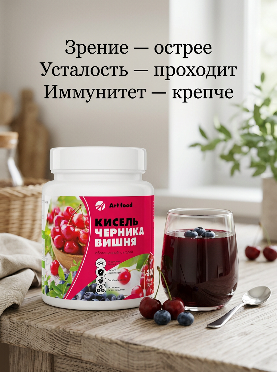 Кисель Артлайф Черника-Вишня с кусочками ягод, С витаминами и L-таурином. Укрепление иммунитета, поддержка зрения 300 гр
