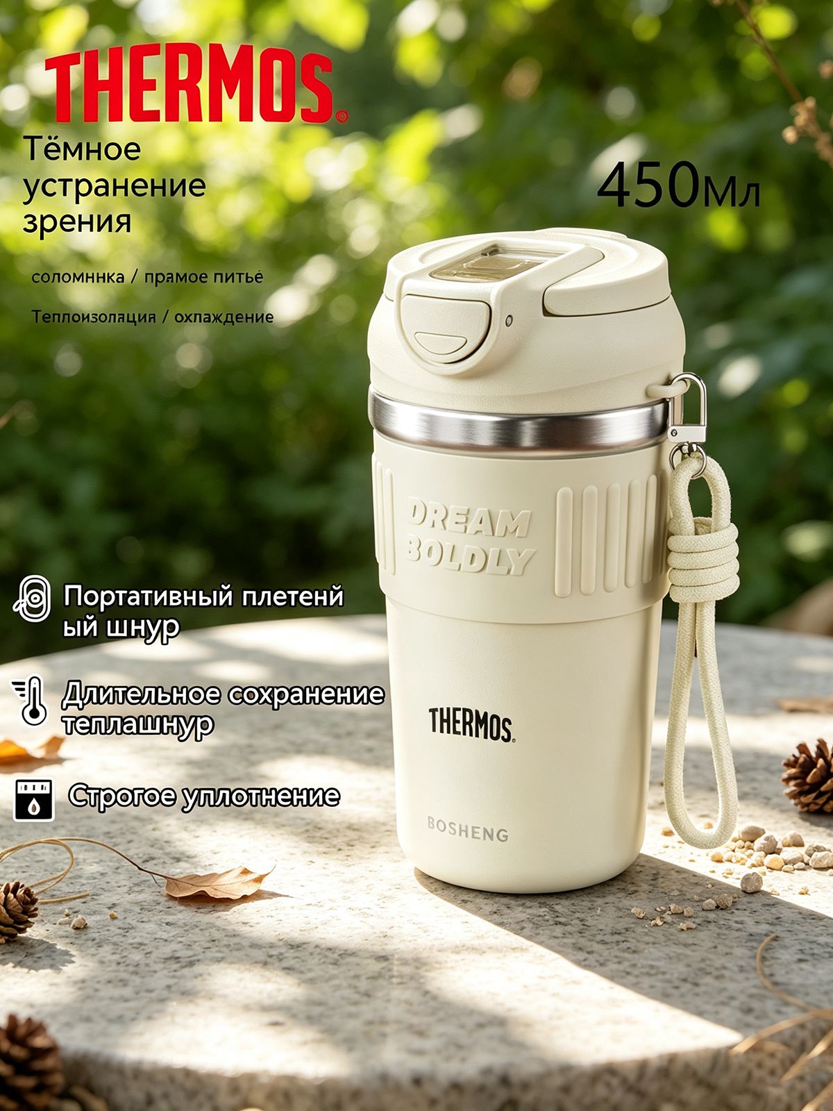 Thermos Термокружка 0.45 л, холод 12 ч, тепло 6 ч, с кнопкой, отверстие для питья, белый