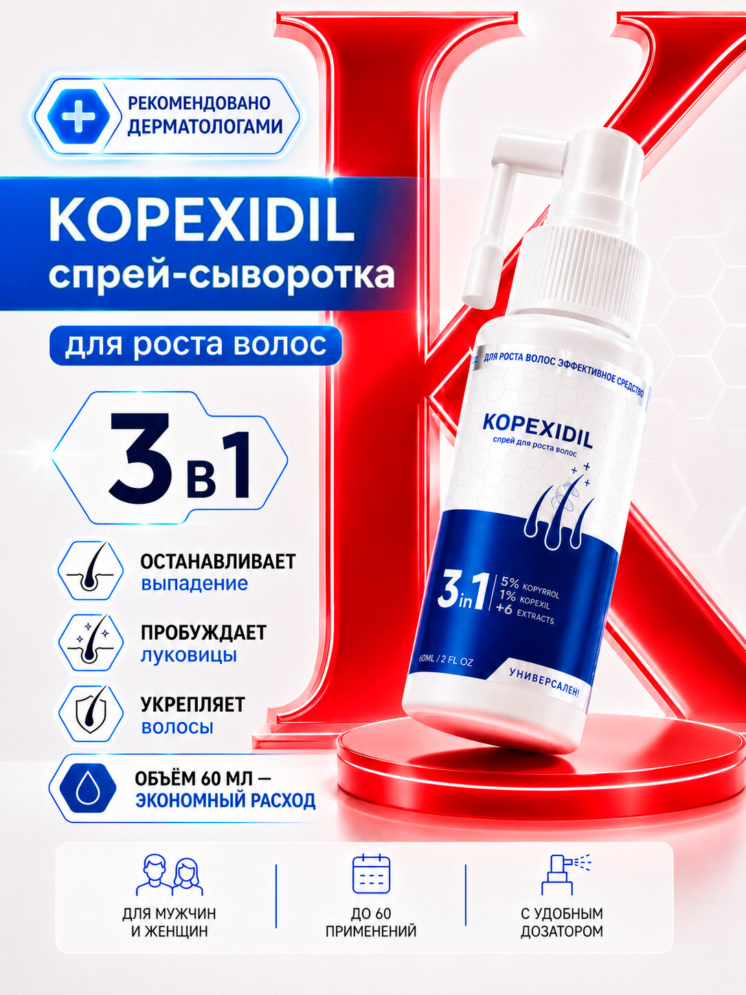 Спрей для роста волос 3-в-1 Kopexidil, активация роста, против выпадения