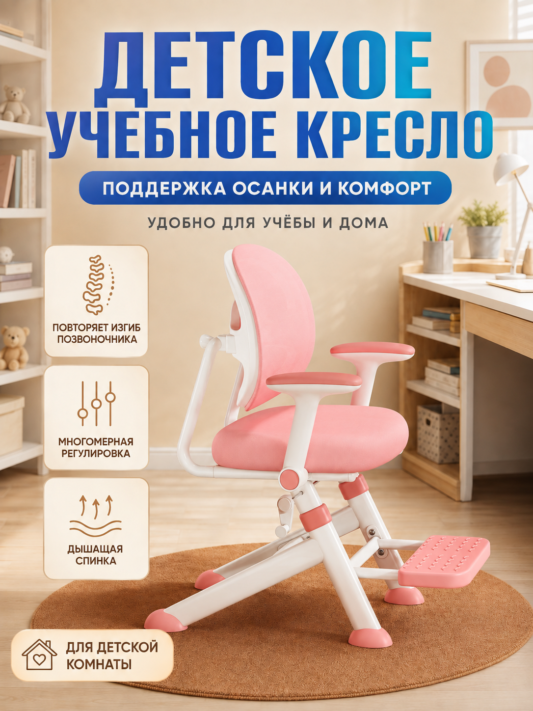 Детское учебное кресло эргономичное, мягкая спинка и подставка для ног, обеспечивает правильную осанку при письме и творчестве дома