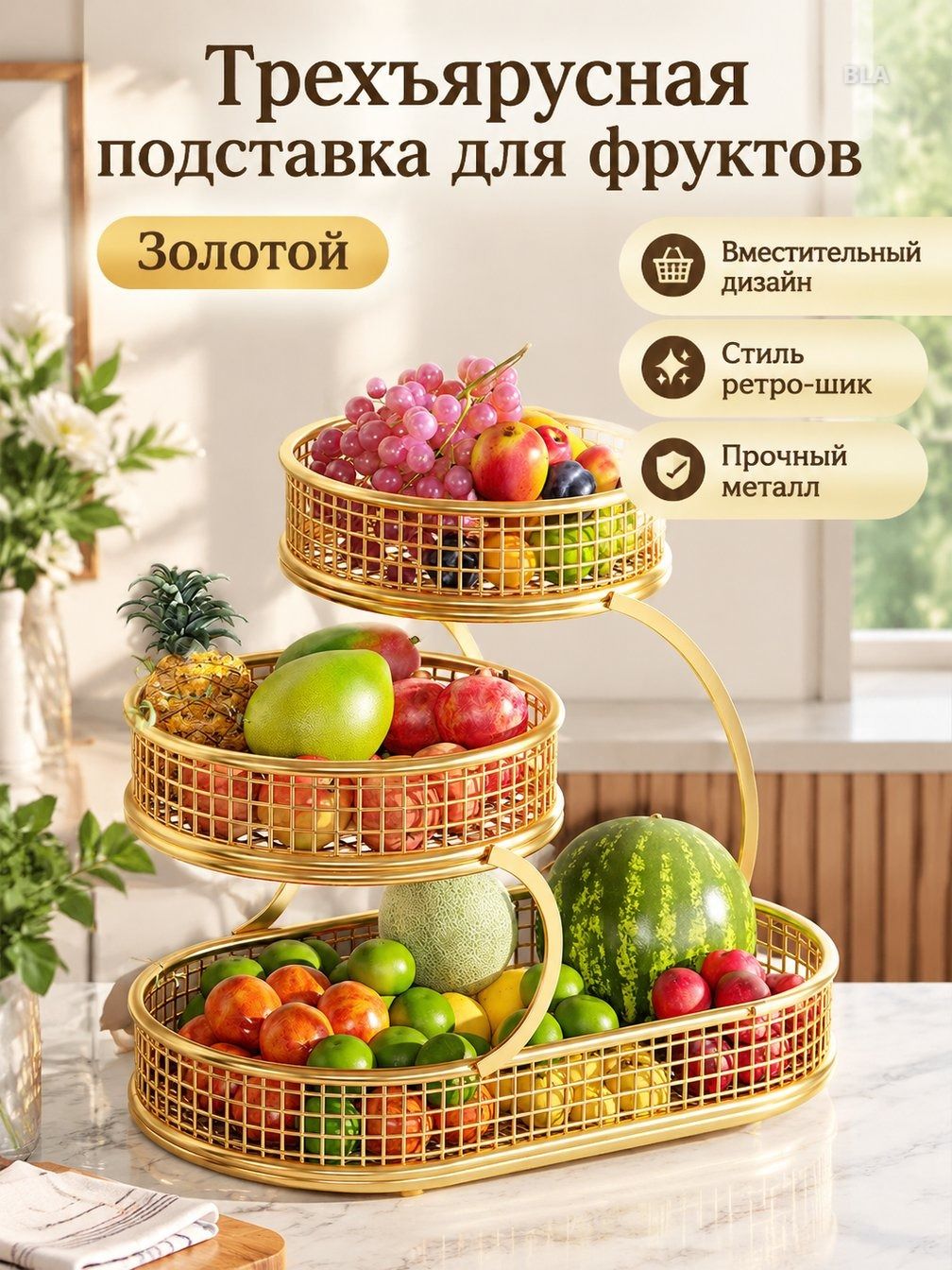 Фруктовая тарелка трехъярусная металлическая с сетчатым дизайном: золотистая, для гостиной
