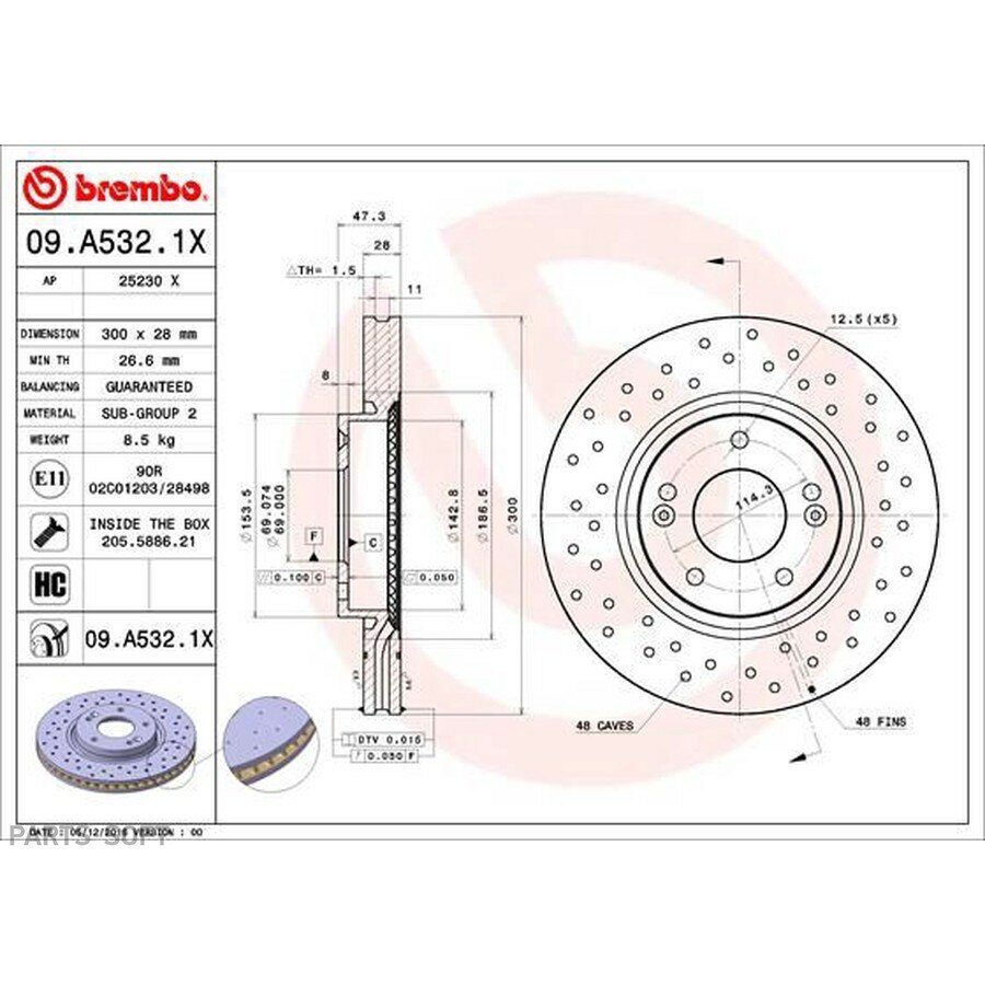 BREMBO 09A5321X 09. A532.1X 09. A532.1X диск тормозной передний! перфорация \Hyundai ix35/Sonata/Tucson, KIA Sportage 2.0-3.3 04>