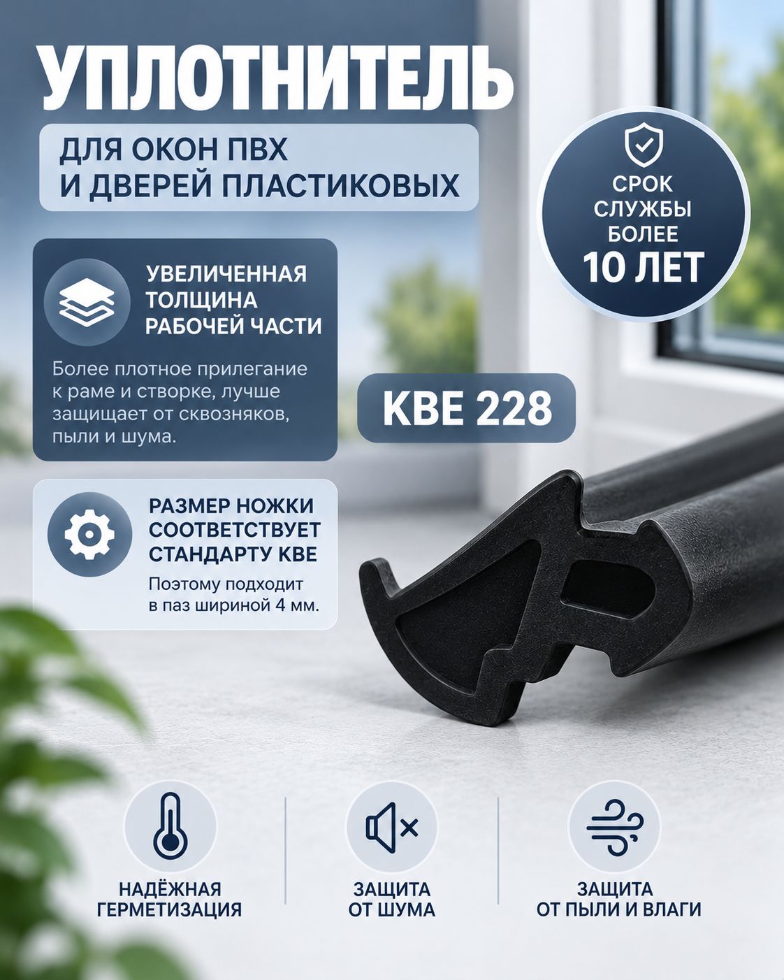 Увеличенный уплотнитель для пластиковых окон ПВХ, KBE 228, 10 метров