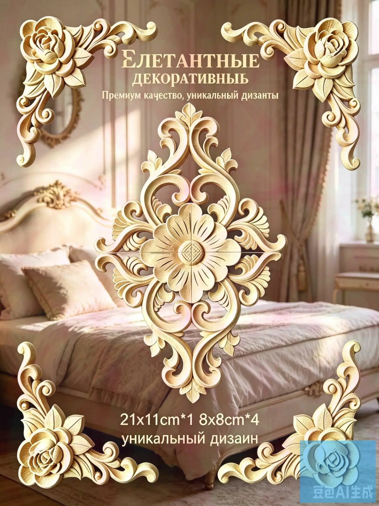Накладки на мебель резные, набор 5 шт, декор деревянный, барокко, для зеркал и дверей, лепнина из дерева, элеме