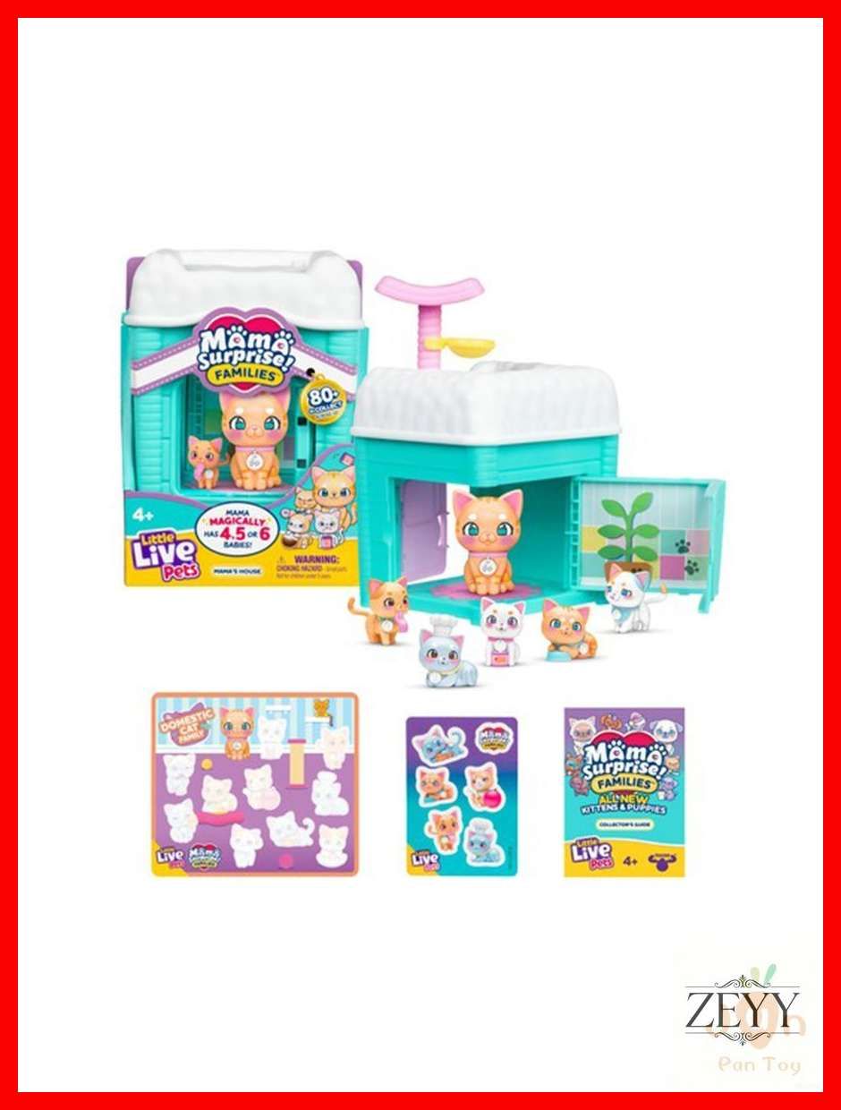 Little Live Pets Mama Surprise! Families Cat / Набор интерактивных игрушек, включающий в себя 1 кошку-маму и 4-6 кошачьих детенышей, оборудованных семейной сценой, которую можно открыть в хижине