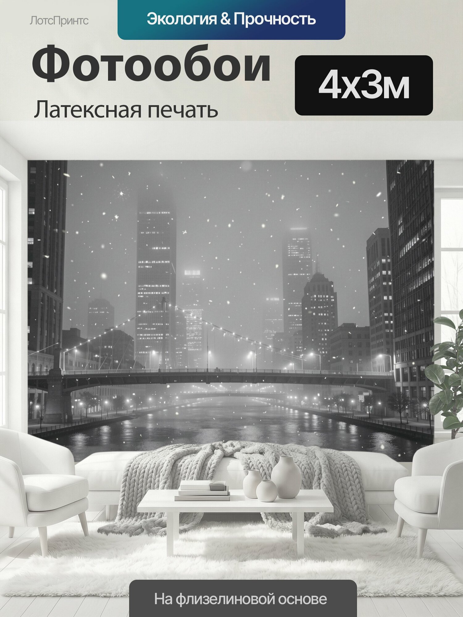 Фотообои моющиеся ударопрочные "Ночной городской силуэт в снегу. Черно-белый городской пейзаж: небоскребы, мост через реку, огни вдоль набережной." 400x300 см. латексная печать