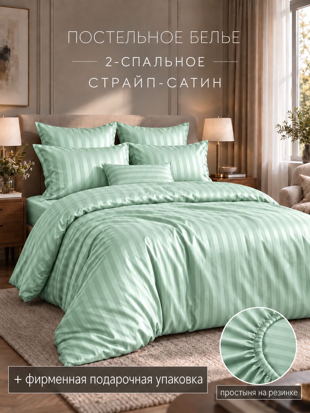 Постельное белье 2 спальное с простыней на резинке страйп сатин, двуспальный комплект белья на резинке, хлопок