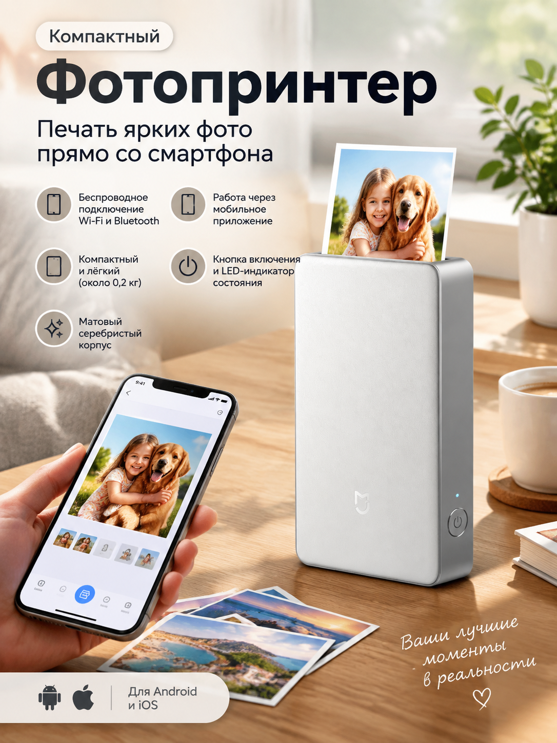 Портативный сублимационный фотопринтер для мгновенной печати фото с телефона, серебристый