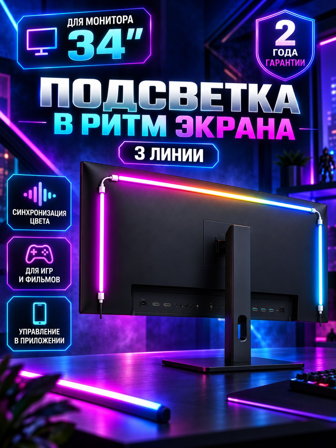 Светодиодная лента для монитора 34 дюйма с адаптивной RGB-подсветкой, 71 диод, IP67, разноцветная