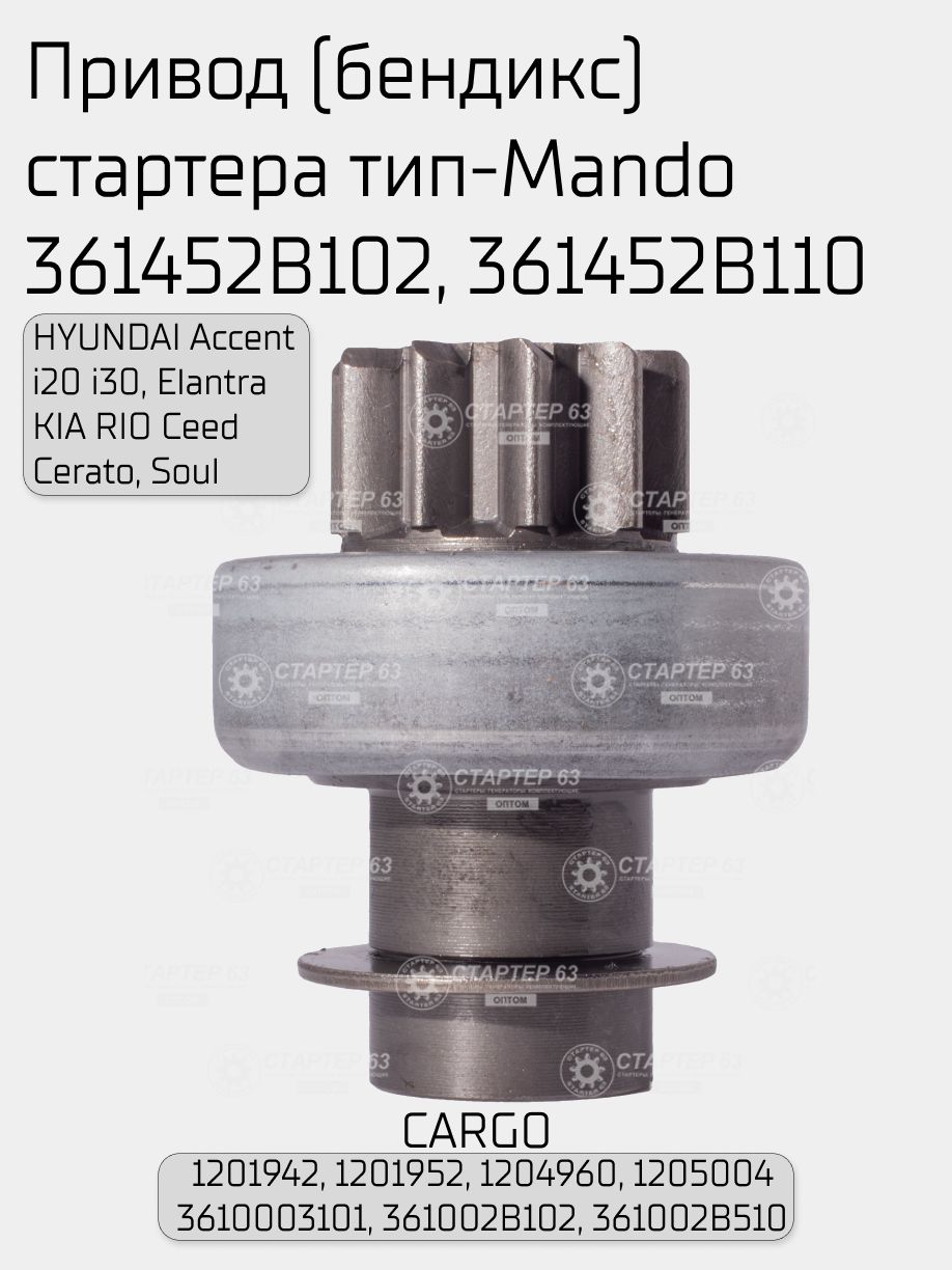 Привод (бендикс) стартера тип-Mando 333721 для HYUNDAI Accent, i20, i30, Elantra; KIA RIO, Ceed, Cerato, Soul. 361452B102, 361452B110