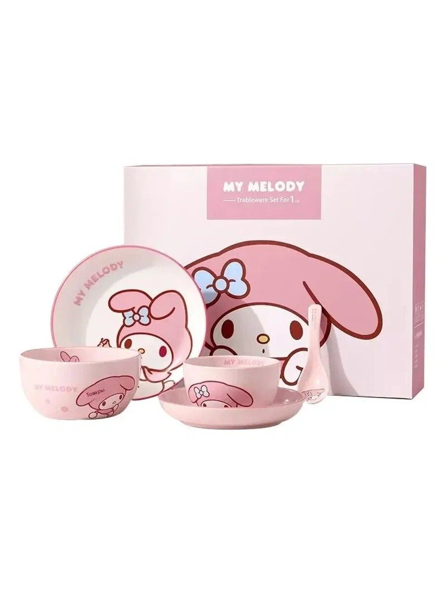 Набор посуды с Cinnamoroll, My Melody и Hello Kitty: тарелки, миски, палочки для еды, круглая посуда для дома