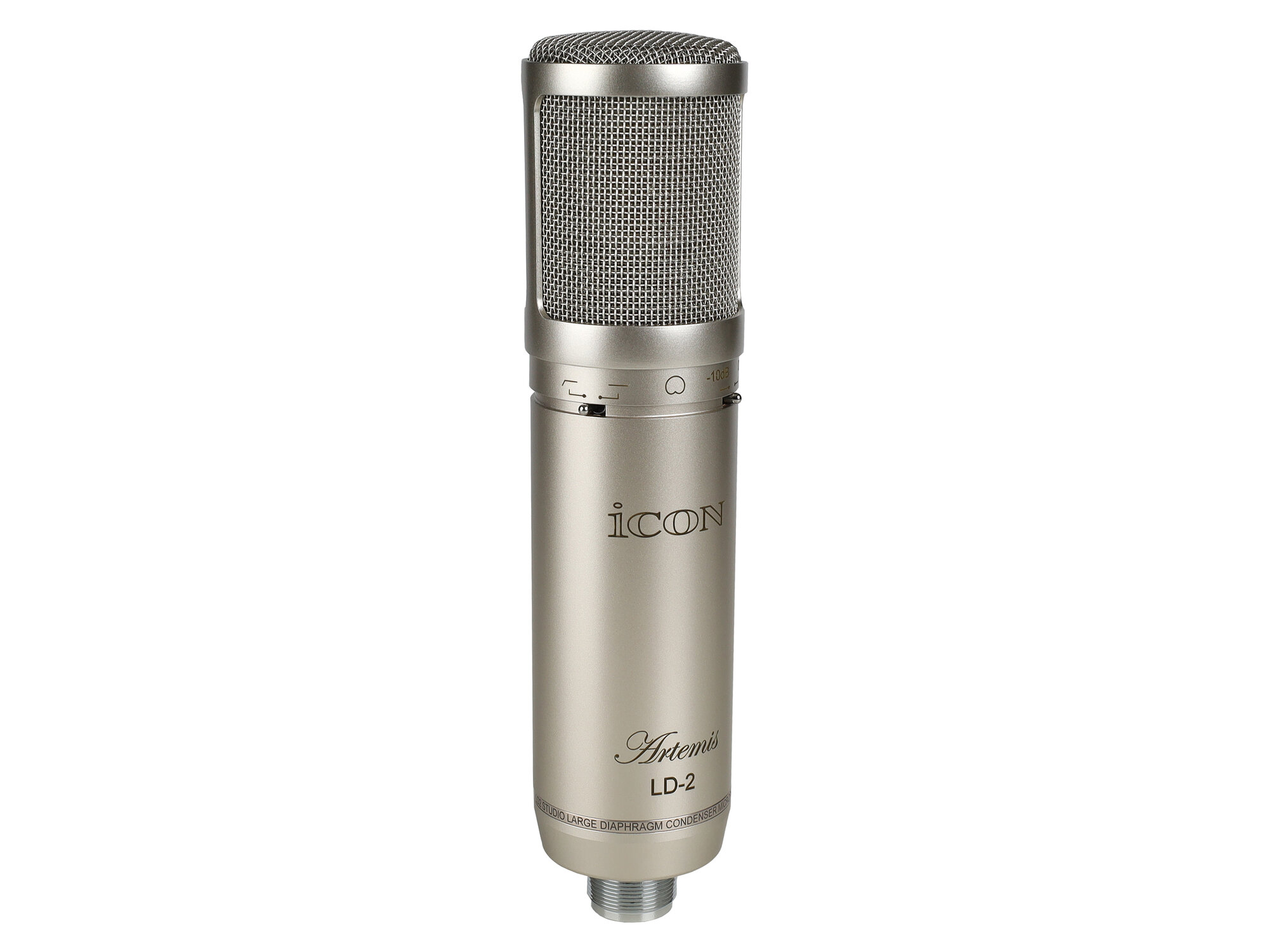 Микрофон конденсаторный Icon [Artemis LD-2] студийный, диаграмма направленности Cardioid, частотный диапазон 20-18000 Гц, чувствительность 23,3 мВ/Па, сопротивление 200 Ом, SPL 126 дБ, S/N 83,7 дБ, питание + 48 В, эластичный подвес, кейс, цвет металлик