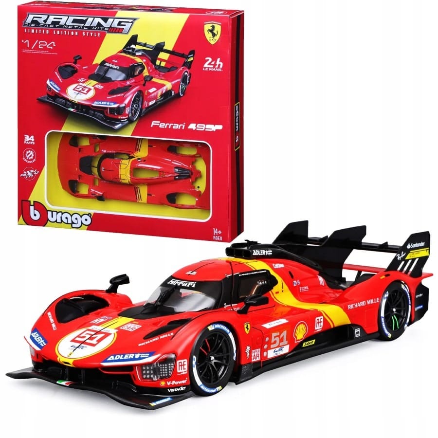 Игрушечная машинка Bburago Ferrari Racing Model Kit 488 Challenge 499P LMH, масштаб 1:24, 1 шт