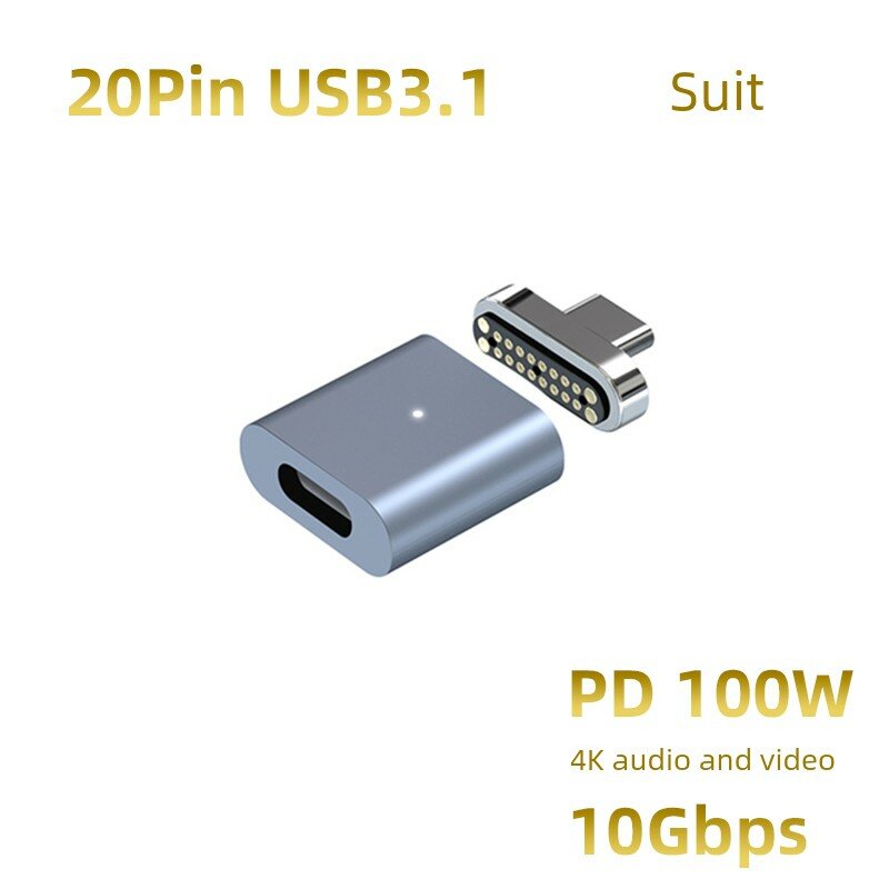 Магнитный адаптер Type-C к Thunderbolt 3 с 20-пиновым разъемом, алюминий, серый, прямой конец