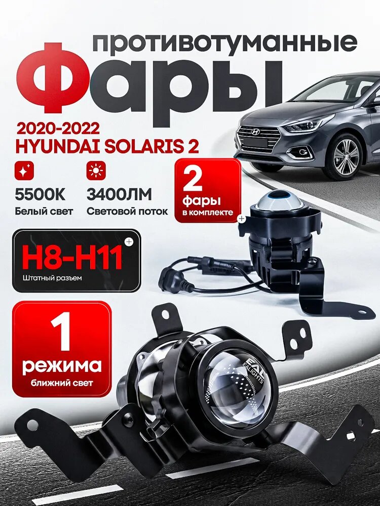 Противотуманные фары Хендай Солярис линза ПТФ Hyundai Solaris 2 поколение рестайлинг (2020-2022)