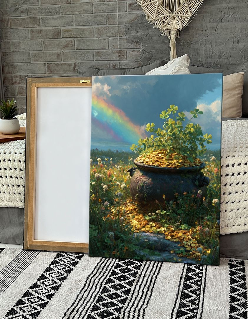 Картина на холсте (котел, золото, монеты, клевер, радуга, поле, цветы) 50x70 см. Интерьерная на стену. Украшение в комнату. В подарок.