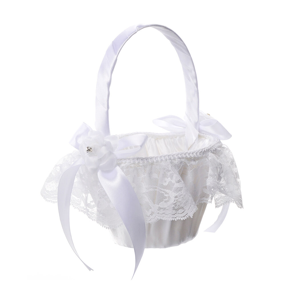 Корзинка Для Цветов С Кружевом И Бантом 15*22Cm Декоративная Прихватка Для Свадьбы И Праздников Белый