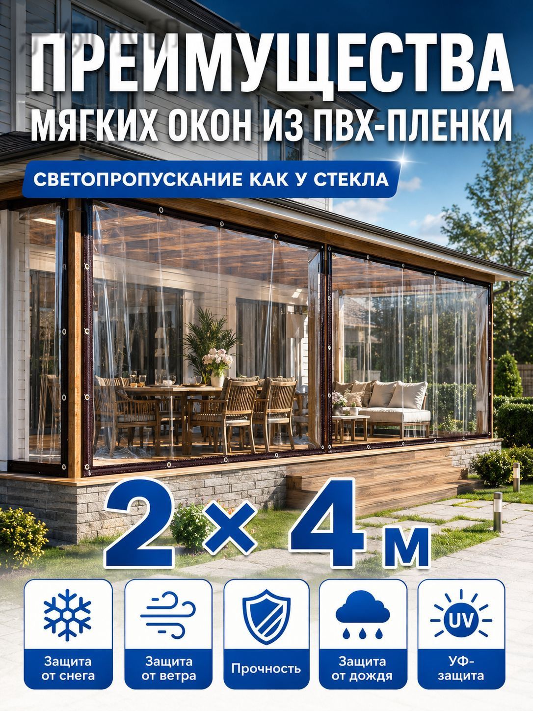 Прозрачная ПВХ-пленка для мягких окон 2х4м, светопропускание как стекло, защита от ветра и дождя