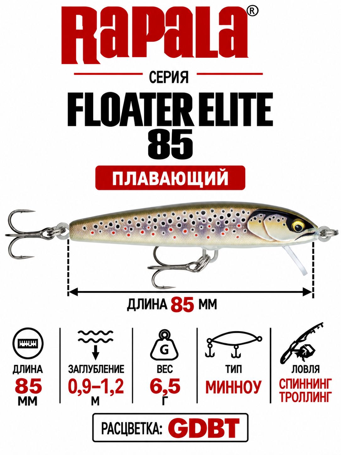 Воблер RAPALA Floater Elite 85 GDBT плавающий до 0,9м, 8,5см, 6,5гр